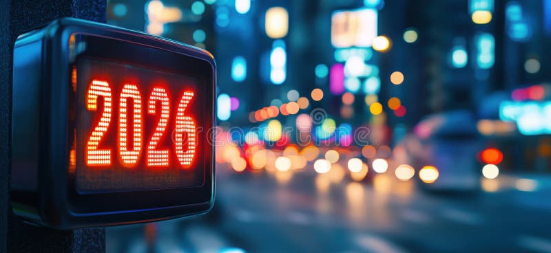 Digital Countdown Clock Displaying 2026 in Vibrant City Nightlife ...