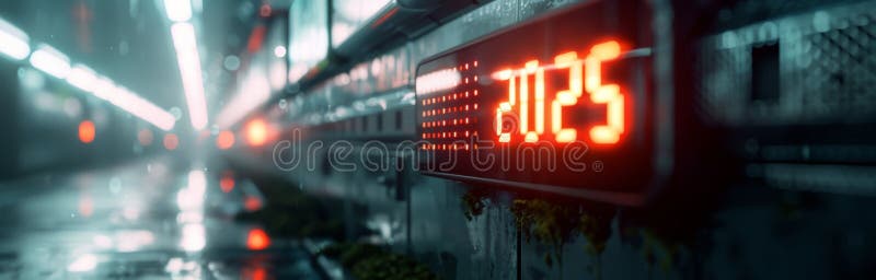 Digital Countdown Timer Displaying 2025 in a Dark, Wet Urban ...
