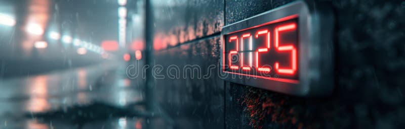 Digital Countdown Timer Displaying 2025 in a Dark, Wet Urban ...