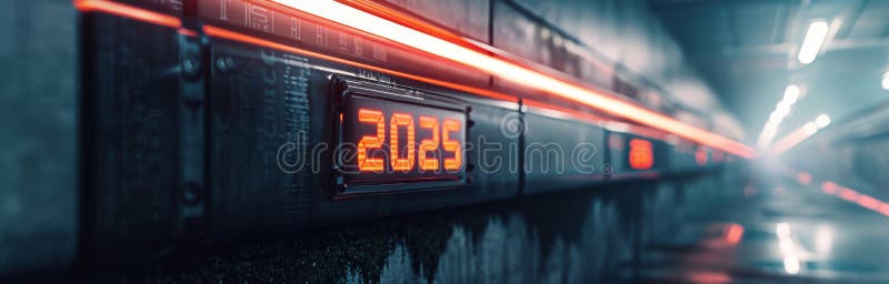 Digital Countdown Timer Displaying 2025 in a Dark, Wet Urban ...
