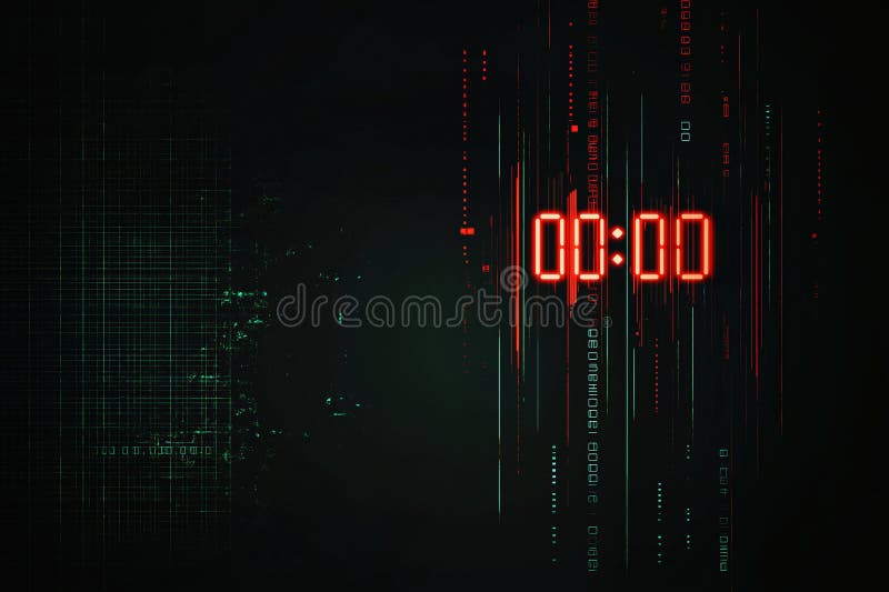 Digital Countdown Timer Displaying Zero with Glitchy Background Effects ...