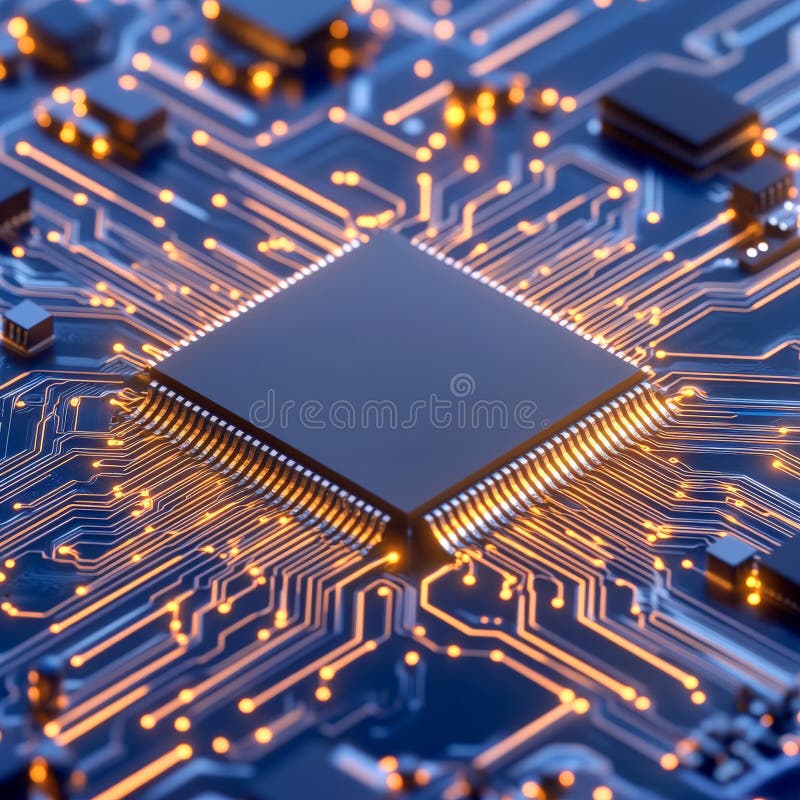 Digital CPU Unit Embedded on Futuristic Circuit Blueprint with Glowing ...