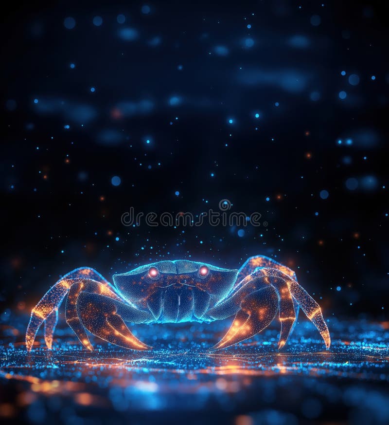 Digital Crab with Glowing Particles in Dark Ocean Environment Stock ...