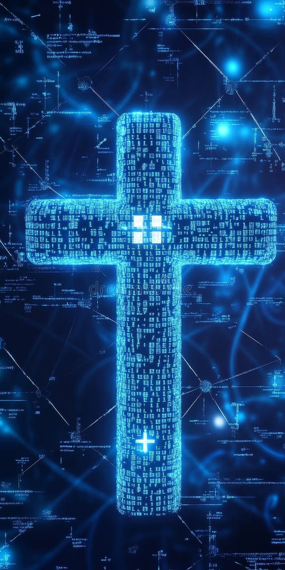 Digital Cross in Glowing Binary Code Against Dark Background Stock ...