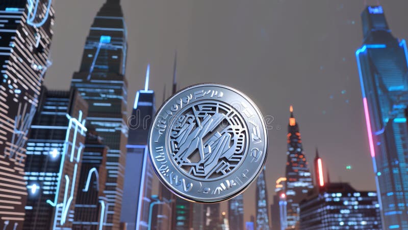 Digital Crypto Token Spinning Near Gleaming Skyscraper Backdrop ...