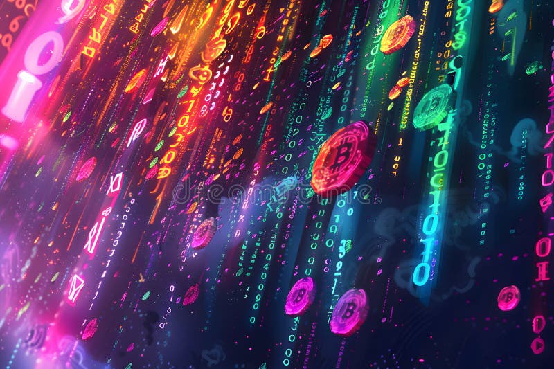 Digital Cryptocurrency Concept with Colorful Matrix Rain Illustration ...