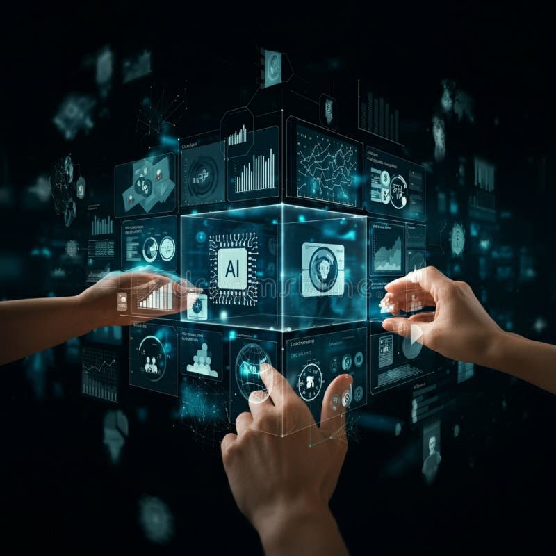 A Digital Cube Composed of Several Illuminated Panels Displaying Graphs ...