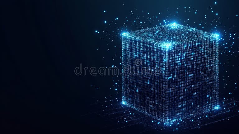 Digital Cube with Glowing Particles and Binary Code Background Stock ...