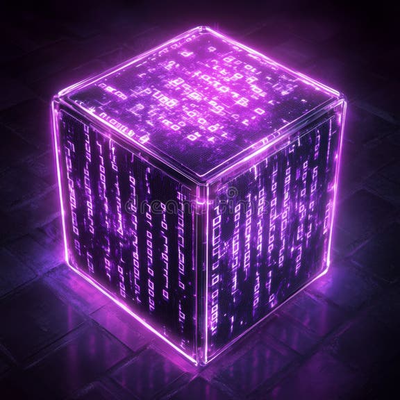 A Digital Cube with Purple Binary Data or Code Matrix, Displayed on a ...
