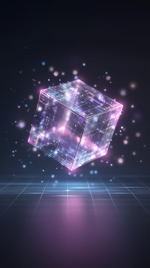 Digital Cube Rotates in Space Emitting Glowing Edges, Portraying Modern ...