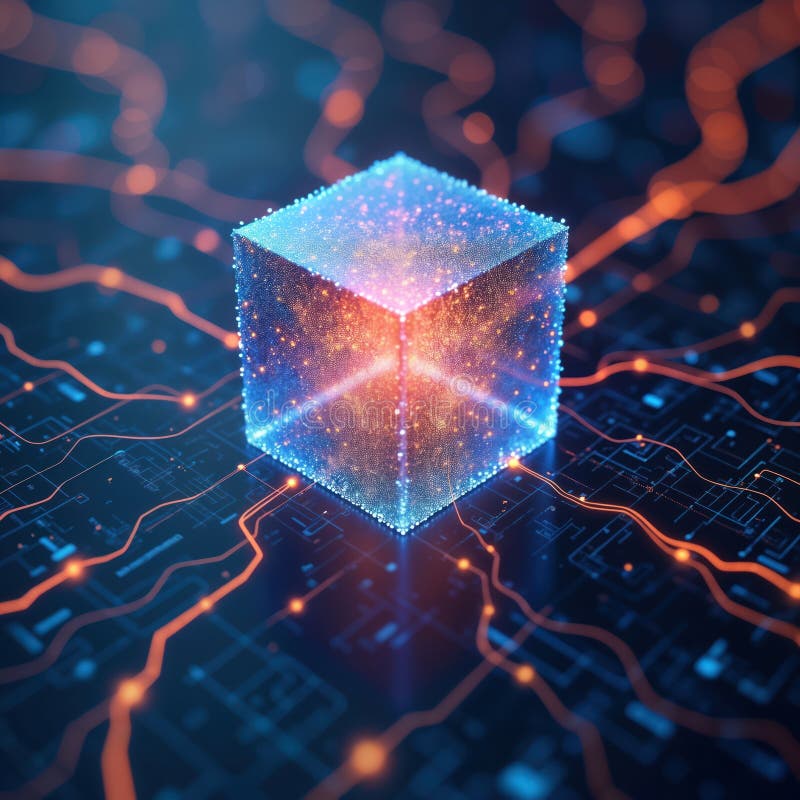 Digital Cube Structure. Interconnected Data Streams, Neural Network Connections. Advanced Tech ...