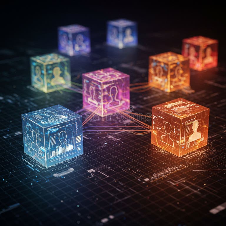 Digital Cubes with Circuit Patterns and Human Silhouettes are Arranged ...