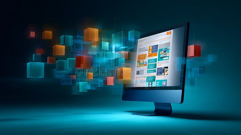 Digital Cubes Flowing from Computer Screen into Futuristic Network ...