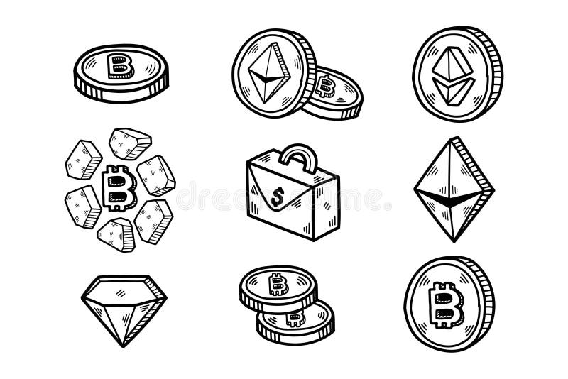 Digital Currency Symbols Hand Drawn Illustrations in Line Art Style ...