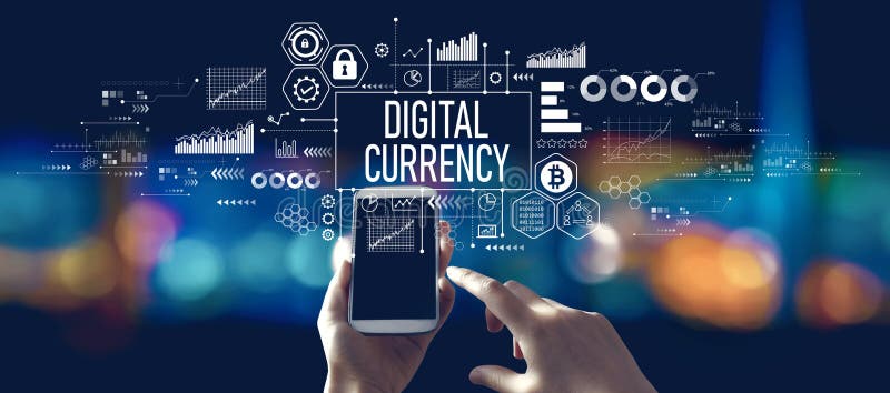 Digital Currency Theme with Person Using a Smartphone at Night Stock ...