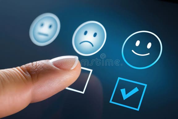 Digital Customer Feedback Interface with Emoticons and Checkmarks on a ...