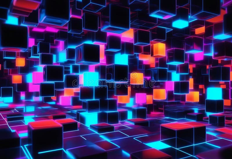 Digital Cyber Cube. Neon Glowing Cubes in Motion with Stock ...