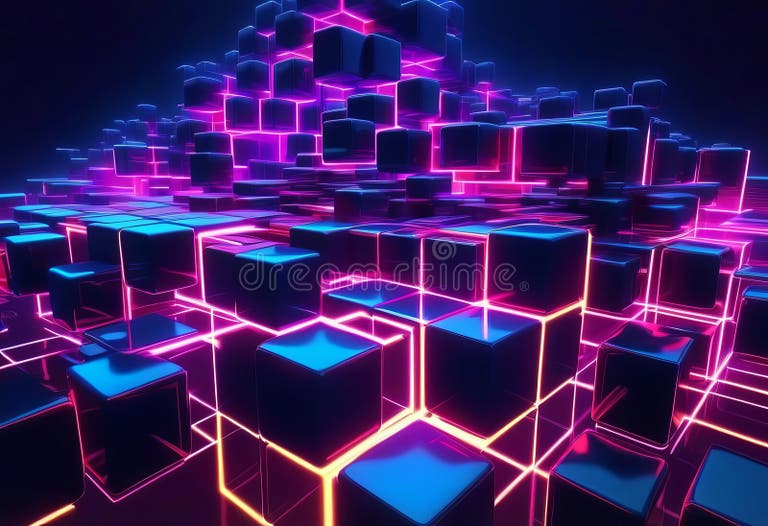 Digital Cyber Cube. Neon Glowing Cubes in Motion with Stock ...