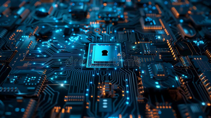 Digital Cyber Security Circuit Board, Glowing Accents, Lock in Center ...