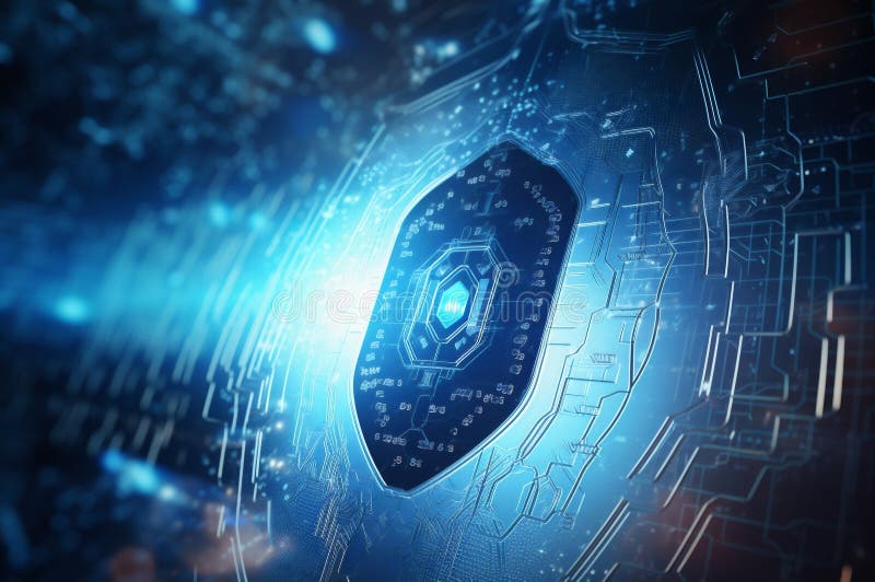 Digital Cyber Security Concept, Shield on Circuit Board Background with Blue Lights. Abstract ...