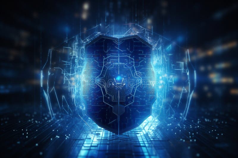 Digital Cyber Security Concept, Shield on Circuit Board Background with Blue Lights. Abstract ...