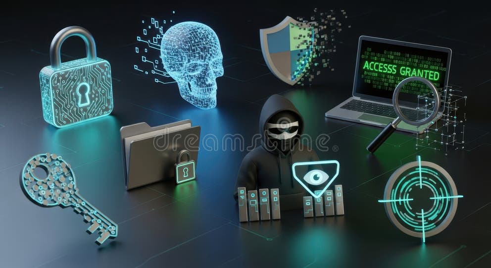 Digital Cyber Security Concepts Featuring Hacker Laptop Lock Shield and Target Stock ...