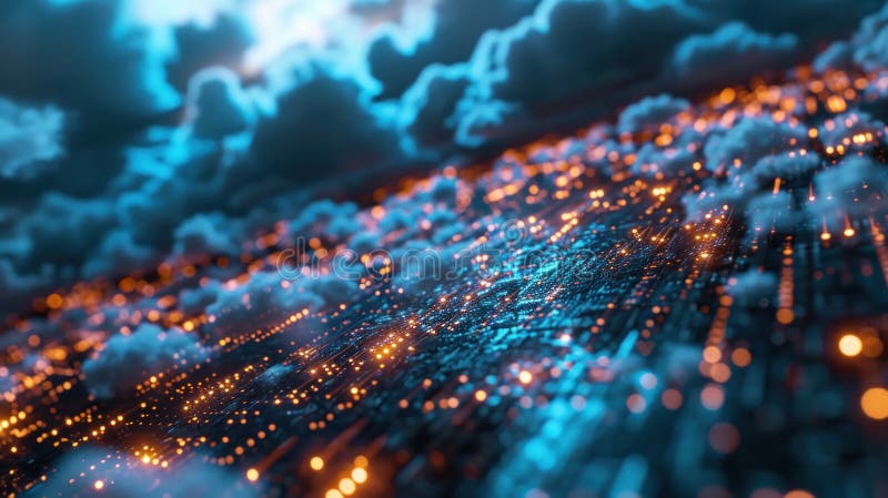 Digital Cyber Space with Lights and Blue Clouds, Abstract Texture ...