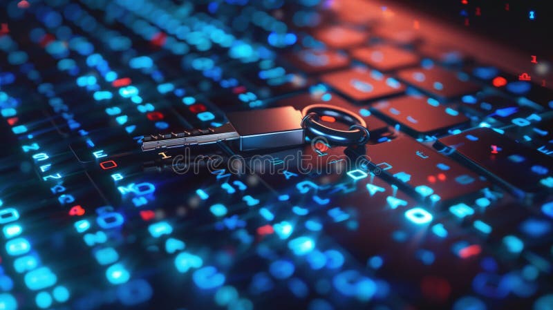 Digital Cybersecurity Concept with Key on Illuminated Keyboard and Binary Code Stock Photo ...