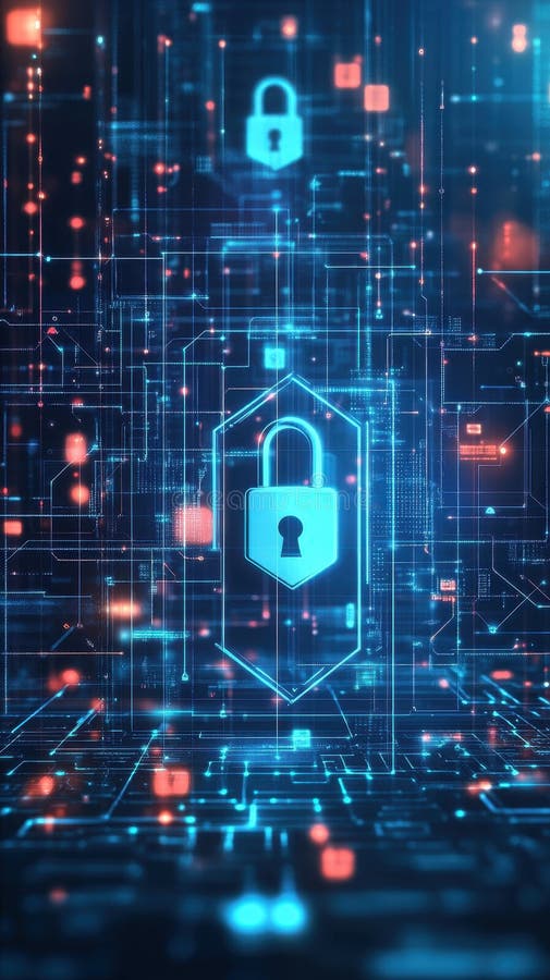 Digital Cybersecurity Lock Icon in a Futuristic Circuit Board Landscape ...