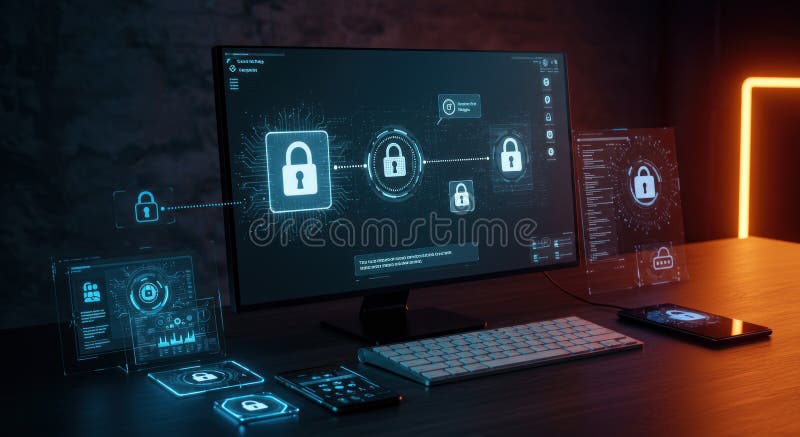 Digital Cybersecurity System Network Protection Displays Stock Image ...