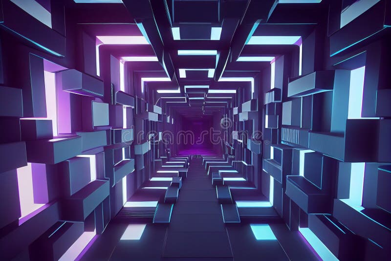 Digital Cyberspace Tunnel Room Filled with Lots of Cube and Neon Lighta ...