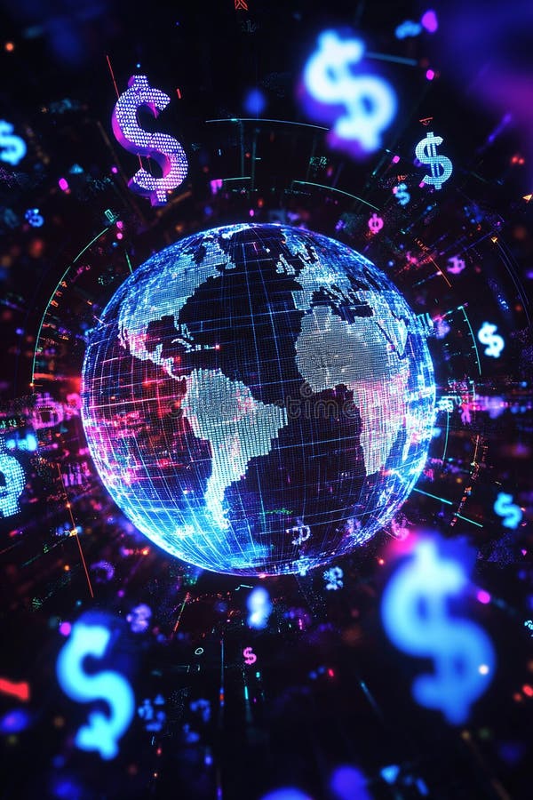 A Digital 3D Globe Rotates in a Dark Gradient Environment, Surrounded ...