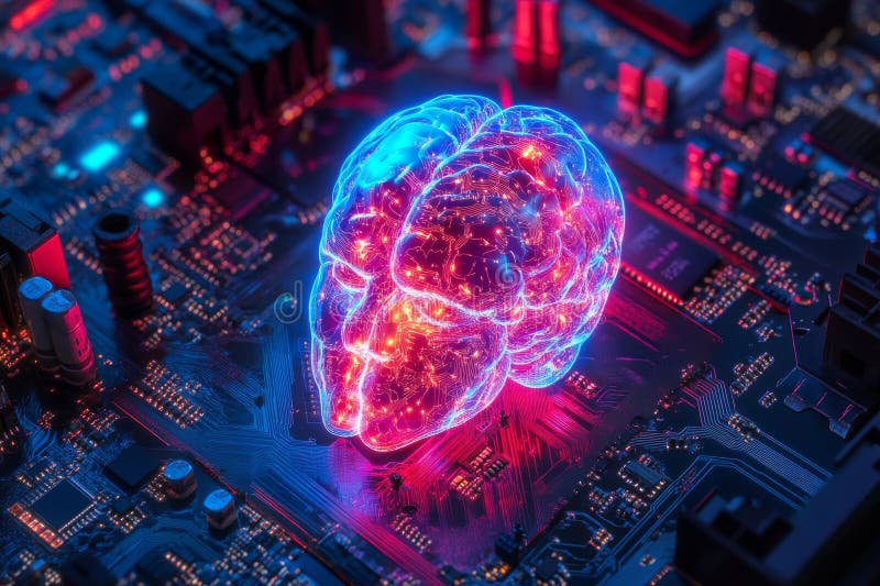 Digital 3d Hologram of Human Brain Over Computer Motherboard Exploring ...