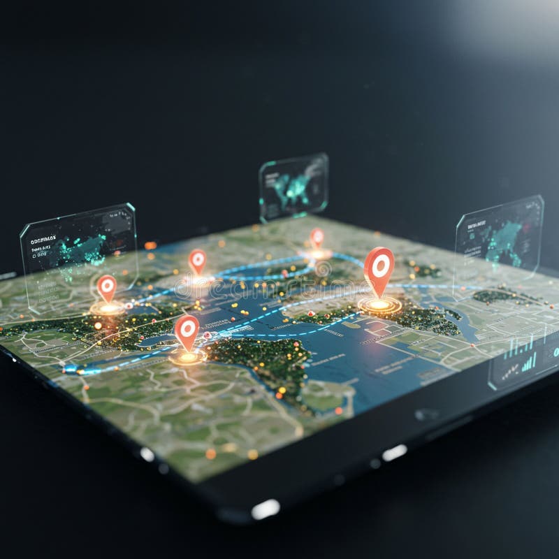 A Digital 3D Map is Displayed on a Tablet with Glowing Location Markers ...