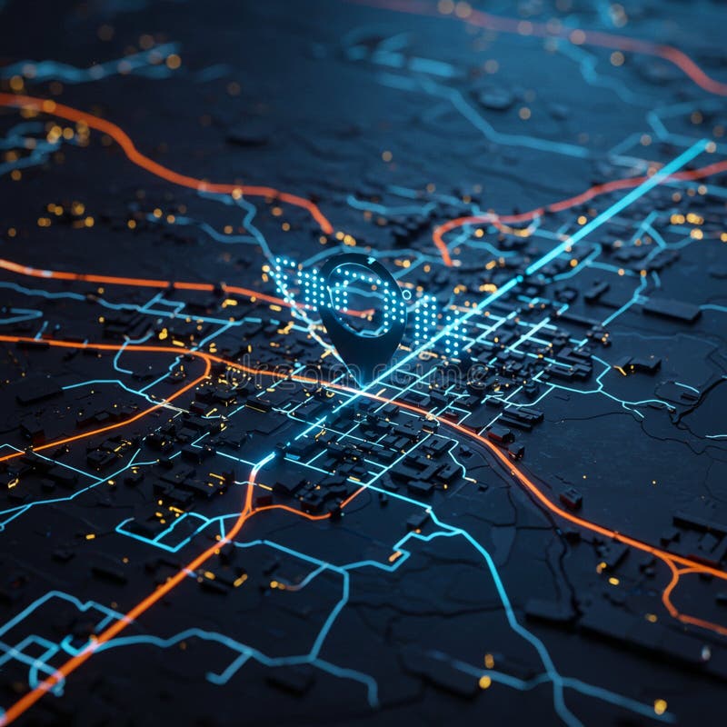 Digital 3D Map Visualization with Neon Lines Depicting Streets and ...