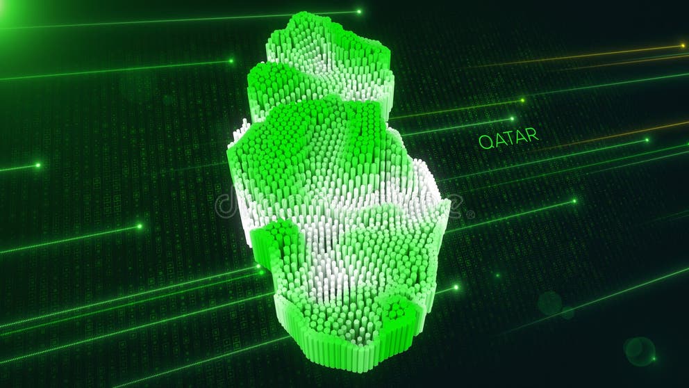 Digital 3D Perspective Dynamic Rippling Map of Qatar in Green and White ...
