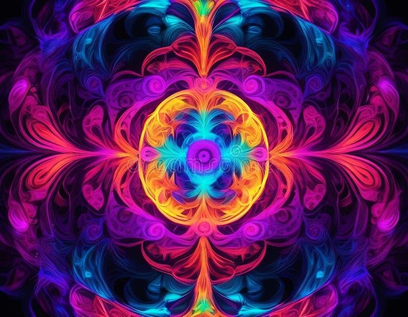 Digital 3D Psychedelic Decorative Neon Pattern at Black Background ...