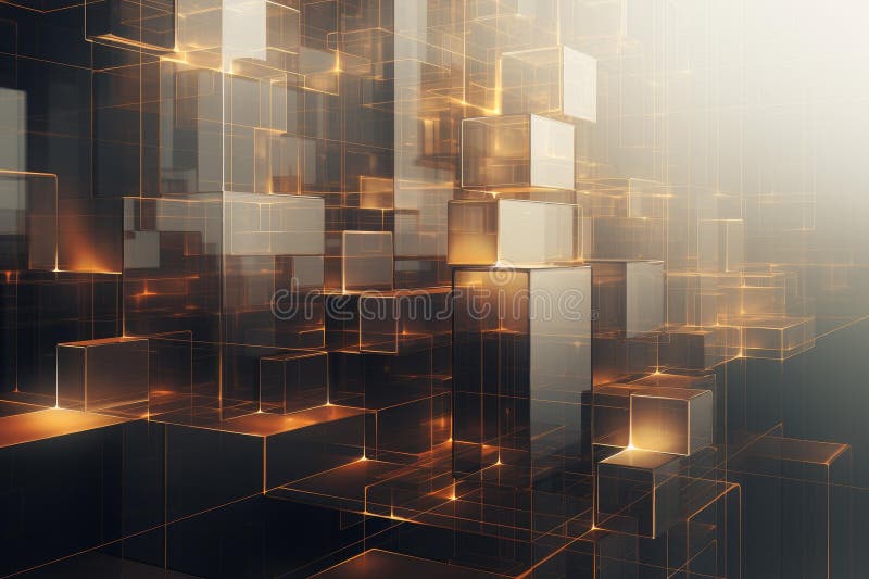 Digital 3d Render of Glowing Golden Cubes on a Dark, Reflective Surface ...