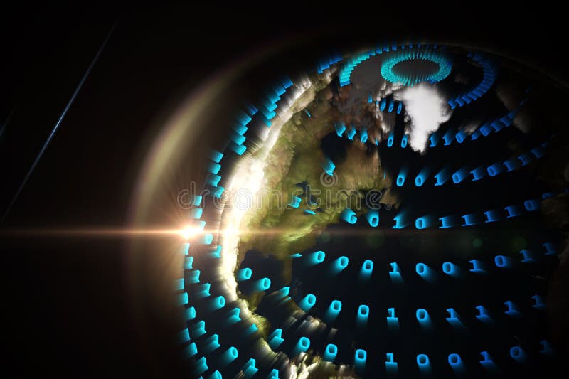 Digital 3D Render Showing Planet Earth Orbiting in Space, with Glowing Blue Binary Code Overlay ...