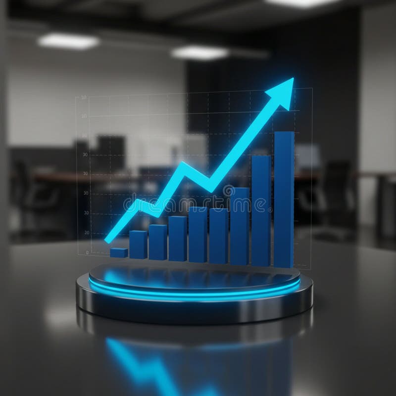 A Digital 3D-rendered Graph with a Blue Upward-trending Line and Bars ...