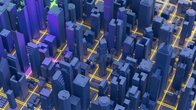 Digital 3d Rendering City. Light Trails Symbolise Data Travelling in ...