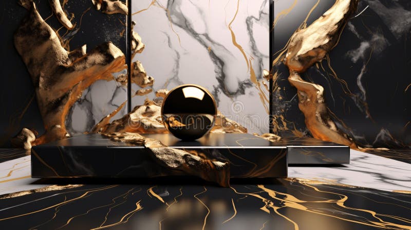3d Rendering of Gold and Marble Glowing Shiny Generative Ai Stock ...