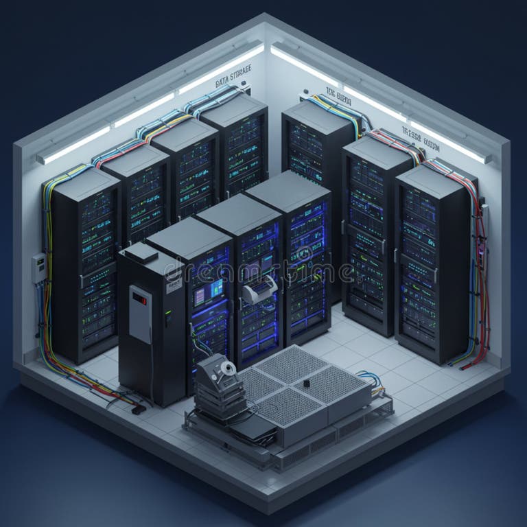 A Digital 3D Rendering of a Server Room with Multiple Black Server ...