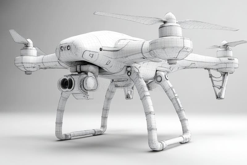 A Digital 3D Wireframe Quadcopter Drone Model Set on an Isolated White ...