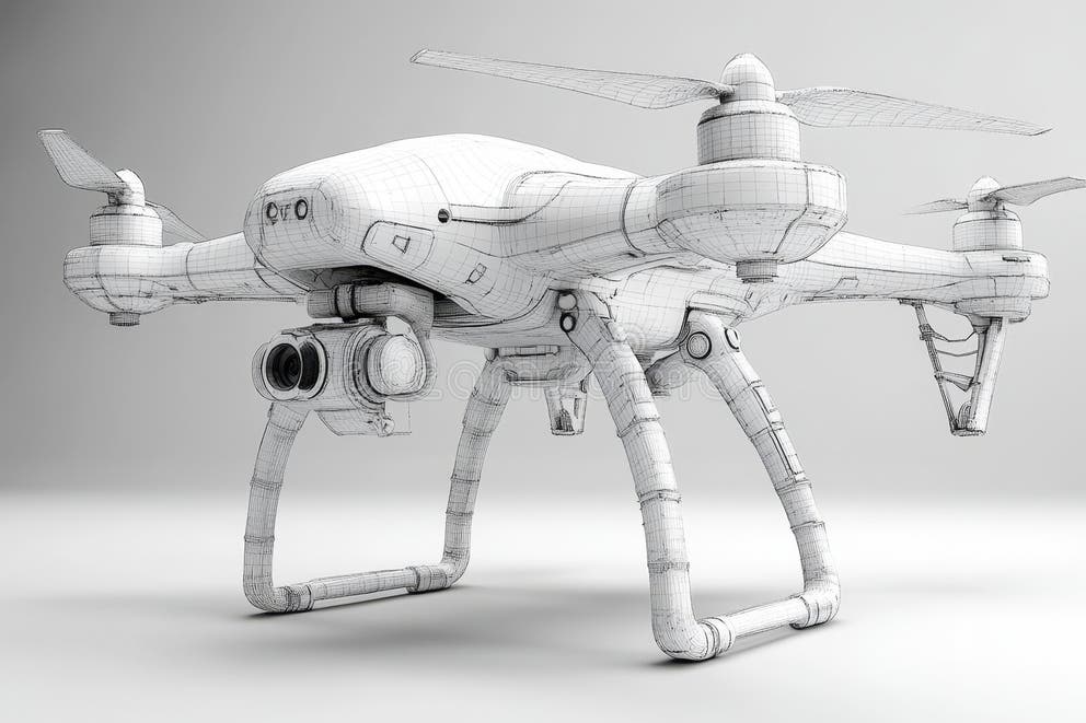 A Digital 3D Wireframe Quadcopter Drone Model Set on an Isolated White ...