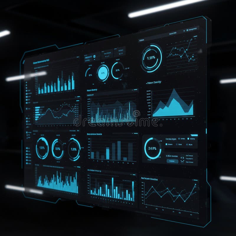 A Digital Dashboard Display Features Various Data Visualizations, Including Bar Charts, Stock ...