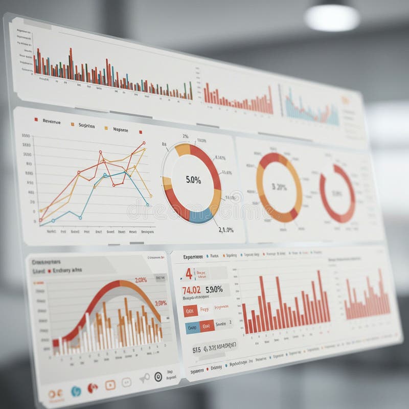 A Digital Dashboard Displaying Various Business Analytics, Featuring Line Graphs, Bar Stock ...