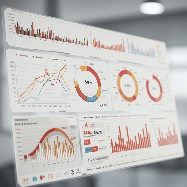 A Digital Dashboard Displaying Various Business Analytics, Featuring Line Graphs, Bar Stock ...