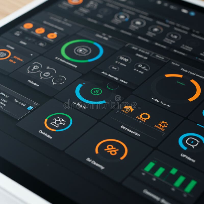 Digital Dashboard Displaying Various Data Metrics and Analytics on a Dark Tablet Stock ...