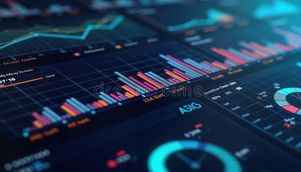 Digital Dashboard Displays Financial Data Metrics. Multiple Charts and Graphs Show Investment ...